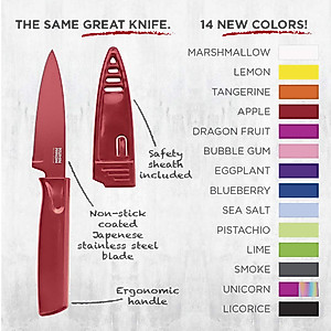 KUHN RIKON COLORI Non-Stick Straight Paring Knife with Safety Sheath, 4 inch/10.16 cm Blade, Red