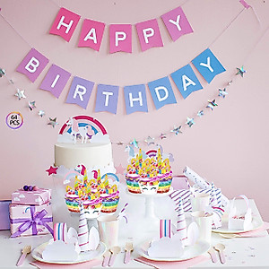 64pcs Unicorn Cupcake Toppers and Wrappers Double Sided for Kids Birthday Baby Shower Theme Party Decorations Supplies Set of 32
