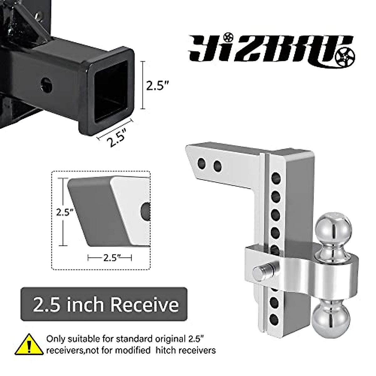 YIZBAP Aluminum Adjustable Trailer Hitch, Fits 2.5" Receiver, 8" Drop/Rise Drop Hitch, 18500 LBS GTW, Tow Hitch, 2" and 2-5/16" Dual Towing Ball with Double Locks