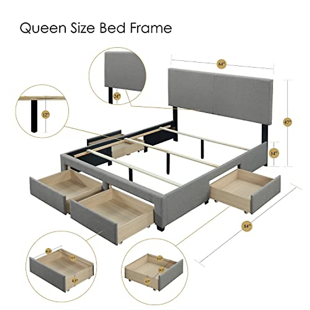 DG Casa Kelly Panel Bed Frame with Storage Drawers and Upholstered Headboard, Queen Size in Grey Linen Style Fabric