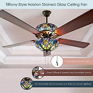 RIVER OF GOODS Tiffany-Style Halston Stained Glass Ceiling Fan - 52" L x 52" W - Mahogany and Black Fan Blades - Blue