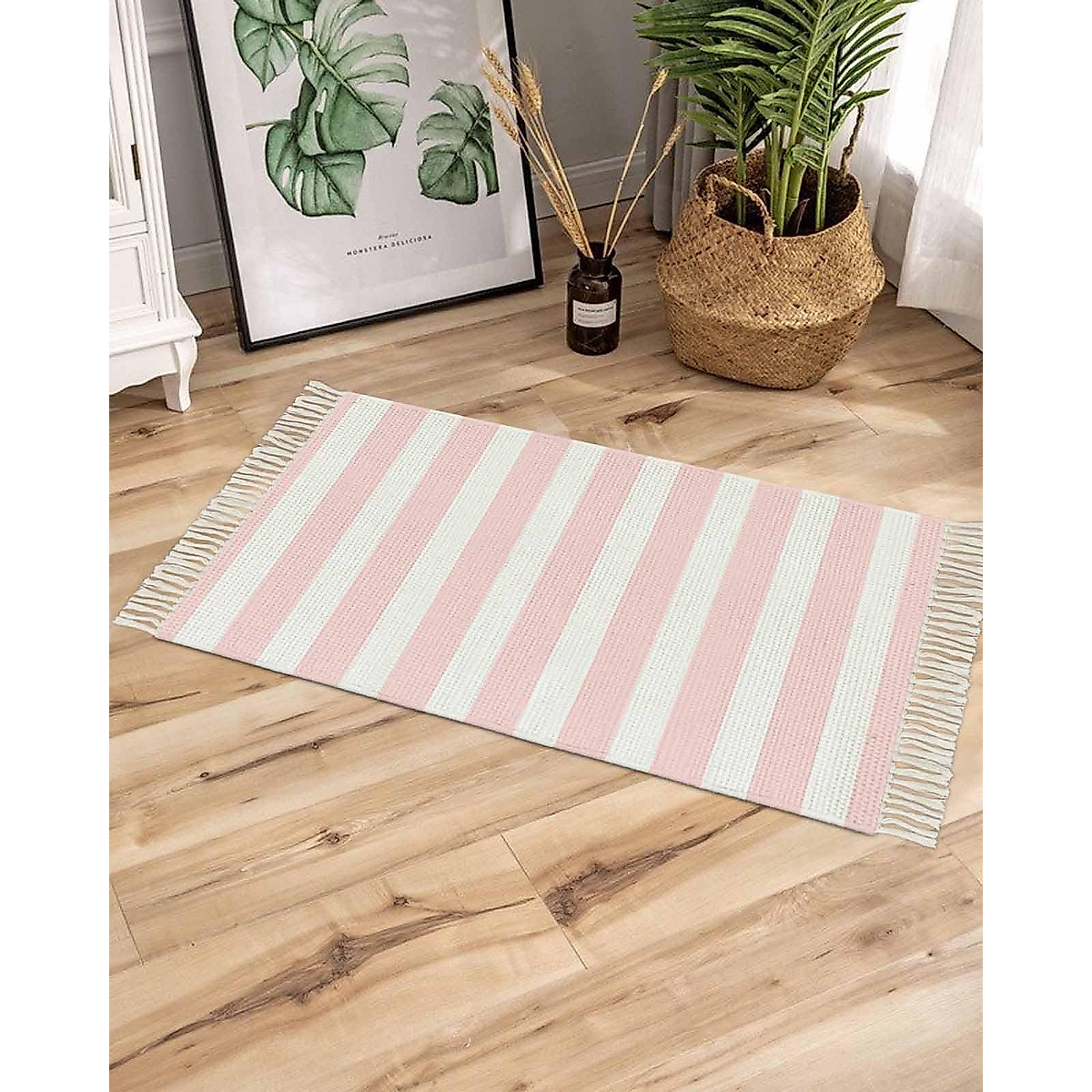 Pink Stripe Bath Rug 2x3ft Woven Bathroom Entryway Runner Rug,White Geometric Striped Modern Boho Minimalist Art Washable Living Room Hallway Bedroom Kitchen Carpet with Tassels Indoor Throw Doormat