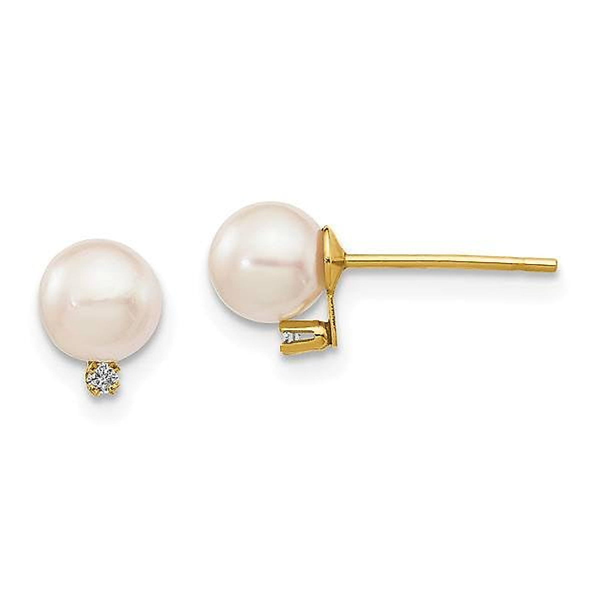 14K Yellow Gold 5mm White Round Saltwater Akoya Cultured Pearl Diamond Stud Earrings