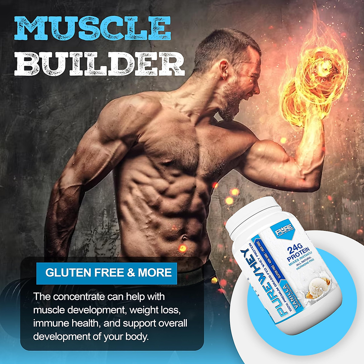 Pure Label Nutrition Vanilla Whey Protein Concentrate, Pre Workout Protein Powder with Essential Amino Acids, 100% Grass Fed, for Post Workout Recovery & Muscle Building, Low Carb - 2lbs