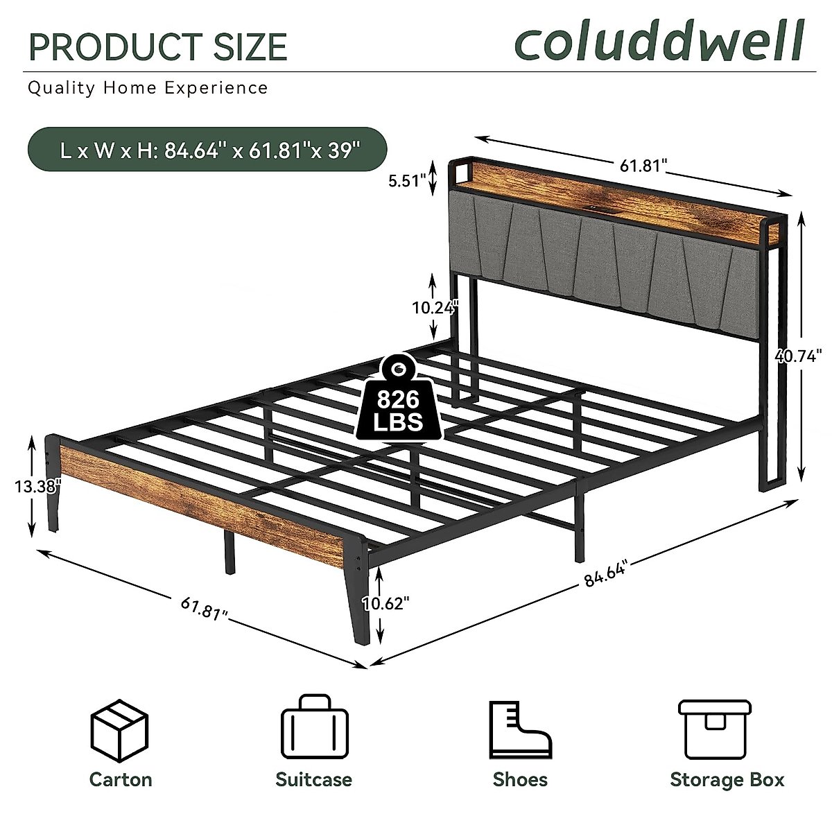 ClouDDwell Queen Size Bed Frame and Headboard with Charging Station, Queen Bed Frame with Storage, Heavy Duty Steel Support, No Box Spring Needed, Squeak Resistant, Rustic Brown and Grey