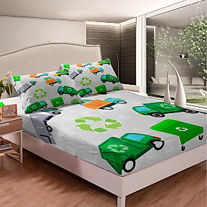 Boys Green Garbage Truck Bed Sheets Set Cartoon Trash Truck Sheet Set for Kids Green Vehicle Car Sheets with Deep Pocket Fitted Sheet Garbage Truck Toy Bedding Set Queen Size With 2 Pillow Case