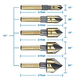 Countersink Drill Bit Set, 5 Pieces High Speed Steel 82 Degree 5 Flute 6mm Round Shank Mill Cutter Bit Countersink in Sizes 1/4” 3/8” 1/2” 5/8” 3/4” Set with Carrying Case.