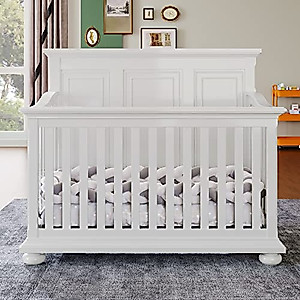 Pvillez Farmhouse Style 4-in-1 Convertible Crib, Full Size Convertible Crib, Converts from Baby Crib to Toddler Bed, Daybed and Full-Size Bed, 3 Mattress Height Settings (White)