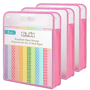 Caydo Scrapbook Paper Storage Organizer, Pink Expanding Paper Folio for 12 x 12 Sheets, Scrapbook Paper Storage with Transparent Portable Handle for Holding Scrapbook, Vinyl Paper, Cardstock