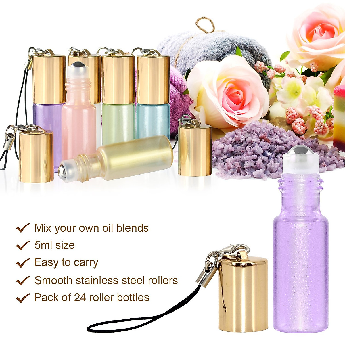 Mavogel Essential Oil Roller Bottles - 24 Pack 5ml Pearl Colored Glass Roller Bottles with Stainless Steel Roller Balls, Essential Oil key Opener and Droppers Included