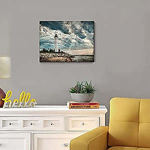 Lighthouse Wall Art Coastal Teal Picture Ocean Seascape Canvas Prints Landscape Beach Turquoise Blue Nature Paintings Bathroom Living Room Bedroom Skyline Nautical Scenery Artwork 12x16 Inches