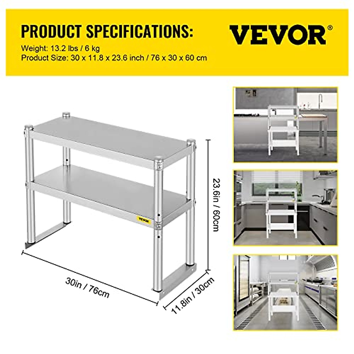 VEVOR Double Overshelf, Double Tier Stainless Steel Overshelf, 30 in. L x 12 in. W Double Deck Overshelf, Height Adjustable Overshelf for Prep & Work Table in Kitchen, Restaurant