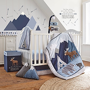 Levtex Baby - Trail Mix Crib Bed Set - Baby Nursery Set - Grey, Navy, White and Blue - Bear Mountains - 4 Piece Set Includes Quilt, Fitted Sheet, Wall Decal & Skirt/Dust Ruffle