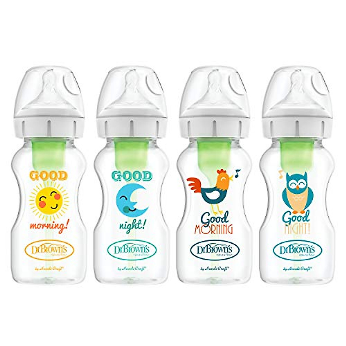Dr. Brown’s Natural Flow® Anti-Colic Options+™ Wide Baby Bottles, 9 oz/270ml, with Level 1 Slow Flow Nipple, 4 Pack Good Morning/Good Night Gift Set