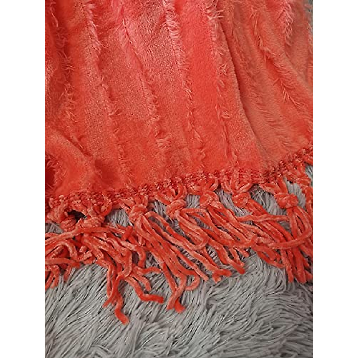 Cazlon Eyelash Textured Boho Style Decorative Throw Blanket with Chenille Tassels,100% Oeko-Tex Certified Flannel Blanket,Lightweight Cozy Throw for Bed Sofa Couch (50"x60", Coral Orange)