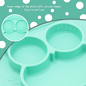 Silicone Divided Toddler Plates - Portable Non Slip Suction Plates Placemat for Children Babies and Kids BPA Free Baby Dinner Plate Bowl (Owl-Cyan)
