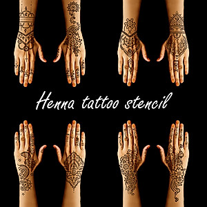 Henna tattoo stencils kit,Reusable henna stencils for Hand Forearm Glitter Airbrush Diy Tattooing Template, Indian Temporary Tattoo Stickers for Women Girls（8.2" x 4.7"）