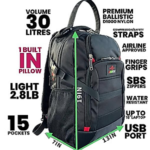 Large Heavy Duty Laptop Travel Backpack for Men and Women Bulit-in 1 Travel Neck Pillow - Airline Approved 18 inch Laptop Backpack - Ballistic Backpack Nylon Water Resistant and USB Port (No Battery)