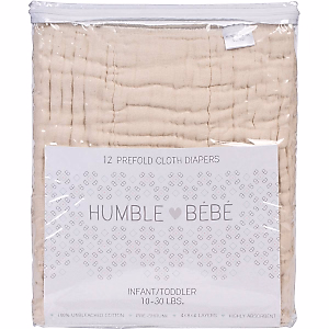 Humble Bebe Prefold Cloth Diapers - 12 Pack - Unbleached Premium Cotton, 4x8x4, Pre-Washed, Fits Newborn Babies to Toddlers (10-30 lbs), Multi-Use