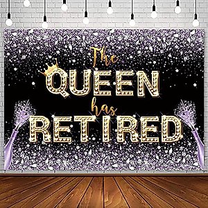 AIBIIN 7x5ft The Queen Has Retired Backdrop Happy Retirement for Woman Farewell Party Purple Black Gold Glitter Diamond Champagne Crown Background Officially Congrats Retire Decoration Banner Props