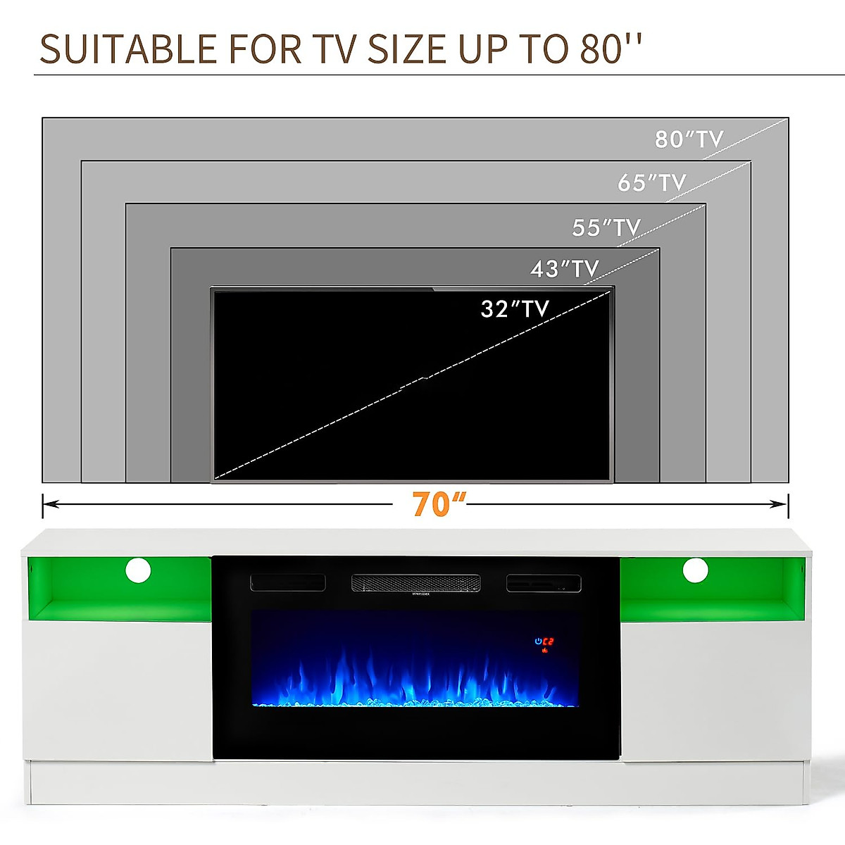 Breezestival Fireplace TV Stand with 36" Electric Fireplace,Entertainment Center with LED Light, Modern Wood Texture with Highlight Storage Cabinet for TVs Up to 80", 70 inches,White