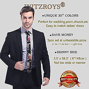 WITZROYS Men's Skinny Tie Floral Cotton Necktie and Tie Bar Clip Sets, Great for Weddings,Groom,Groomsmen (Blue & Orange #A4)