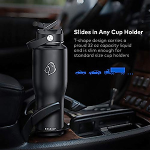 BUZIO Stainless Steel Water Bottle Vacuum Insulated (Cold for 48 Hrs, Hot for 24 Hrs), Black 32oz Tumbler Travel Flask with Straw Lid and Flex Cap, Fit in Any Car Cup Holder