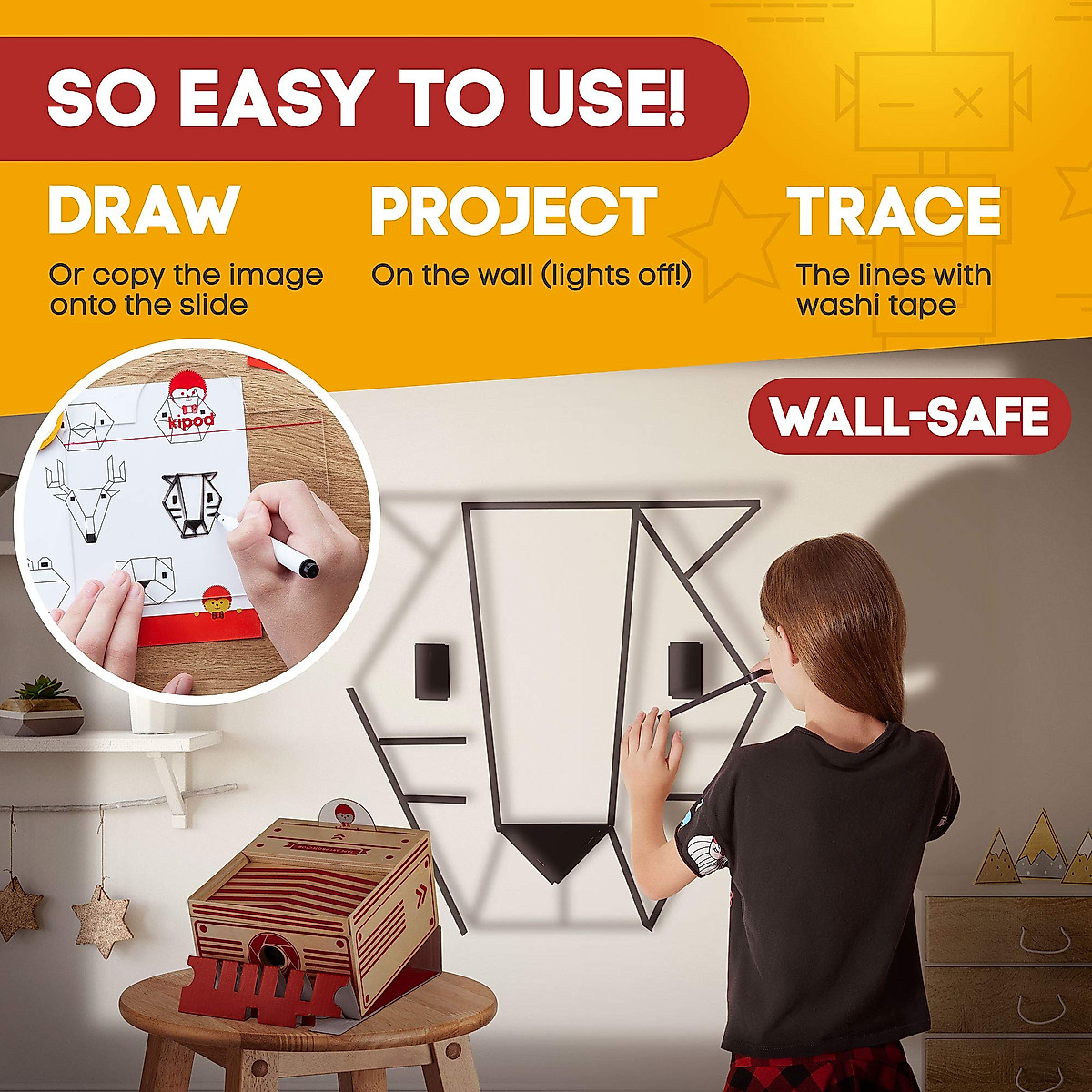 kipod Wooden Art Tracing Projector Drawing Kit for Kids with Washi Tape Wall Decor Stickers. Draw, Project and Trace DIY GrafiTape Toy. Cool Art and Craft Gift Ideas for Girls and Boys Ages 6-12