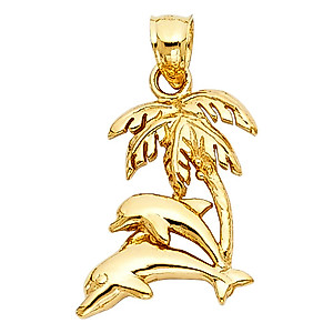 FB JEWELS 14K Yellow Gold Dolphin W Palm Tree Pendant 20mm X 17mm