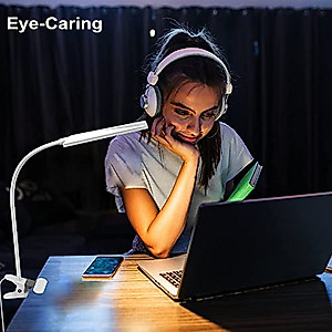 JUANWE LED Desk Lamp, Reading Light Clip on Light, Dimmable Clamp Light with USB Charging Port, 3 Modes & 14 Brightness Levels 5W LED Metal Clip Light, White