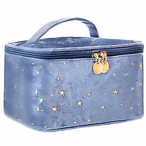 HOYOFO Velvet Makeup Bag with Handle Cosmetic Bags with Makeup Brush Holder Travel Make up Bag for Women, A Blue