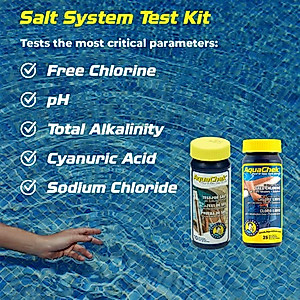 AquaChek Salt System Test Kit - for Pools and Spas - Salt Water Pool Test Strips for Sodium Chloride - Test Kit Includes Yellow 4-Way (25 Strips Each) and White Salt Test Strips (10 Strips Each)