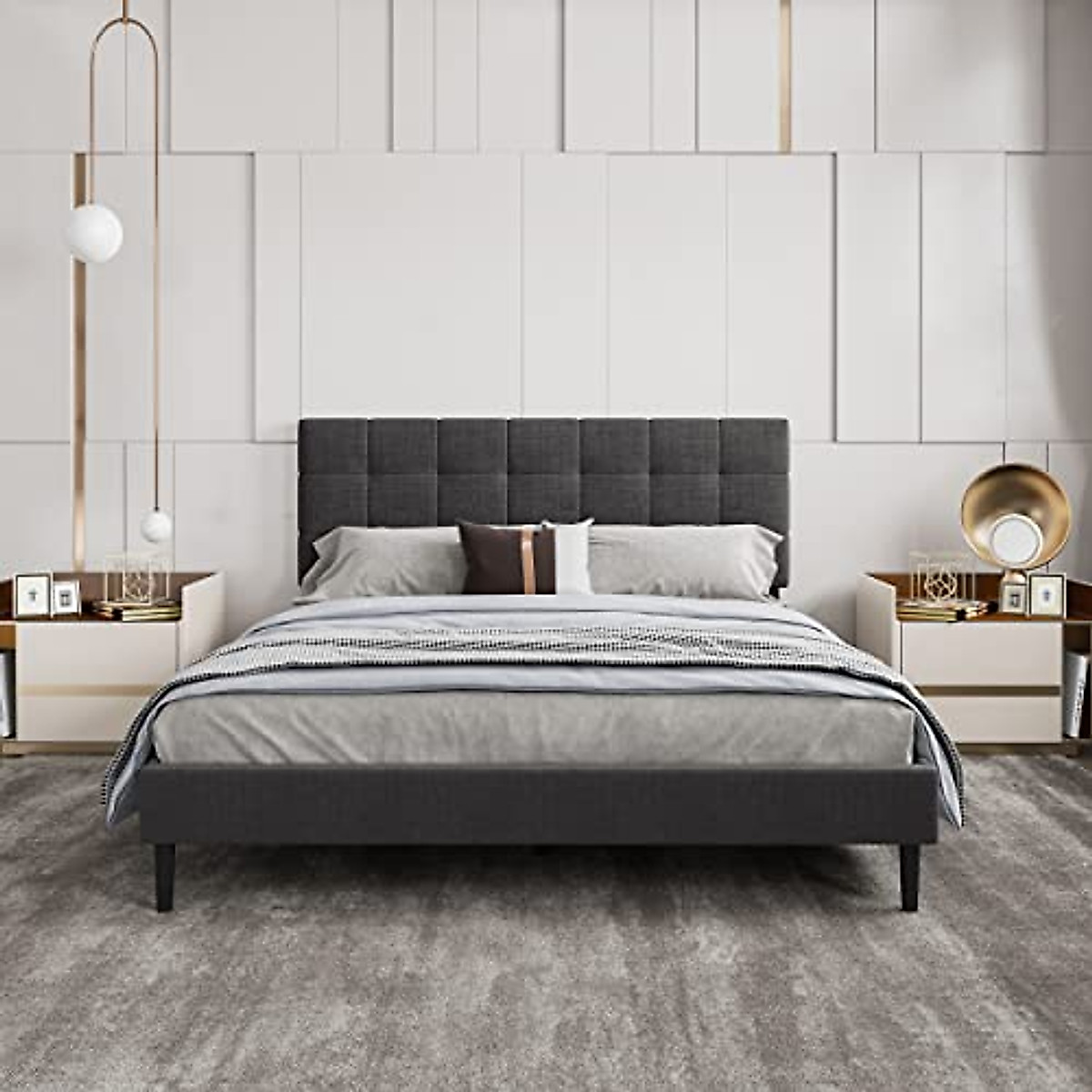 Zoophyter Upholstered Platform Full Size Bed Frame with Headboard No Box Spring Required Easy Assembly Dark Grey