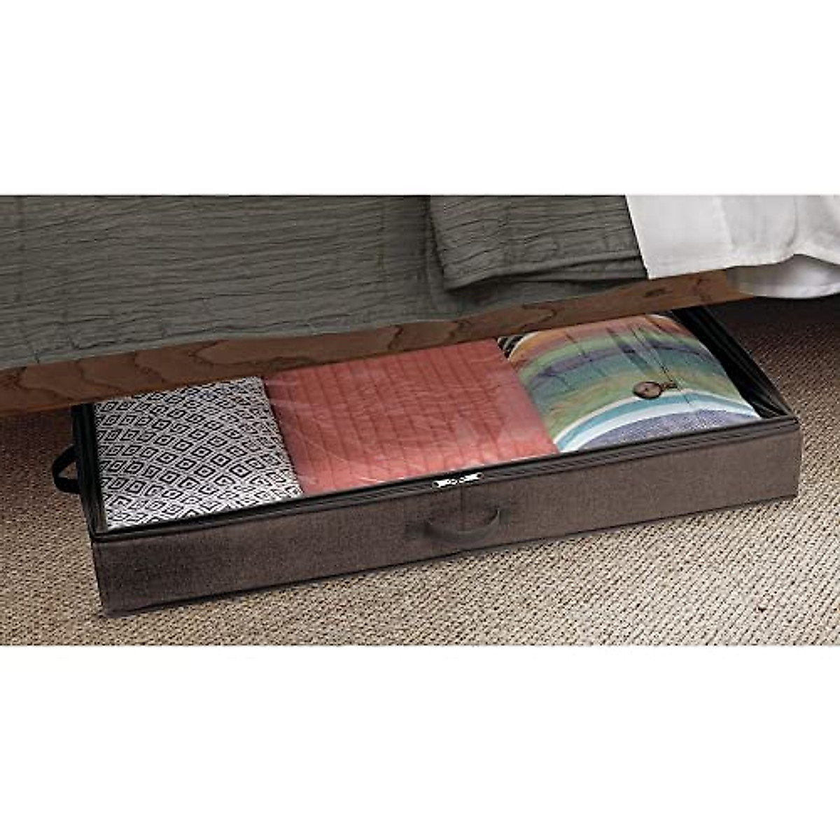 mDesign Soft Fabric Under Bed Storage Organizer Holder Bag for Clothing, Accessories, Linen - Easy-View Top Panel, Attached 2-Way Zippered Lid, Side Handles - Espresso Brown