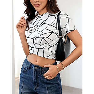 SweatyRocks Women's Casual Twist Front Short Sleeve Crop Top T-Shirt Geometry White Large