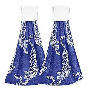 JUAMA Vintage Blue Ink Tiger Chinoiserie Style Kitchen Hand Towel Hanging Tie Towels 12 x 17 Inch Dish Cloths 2 Pieces for Bathroom Laundry Room Decor