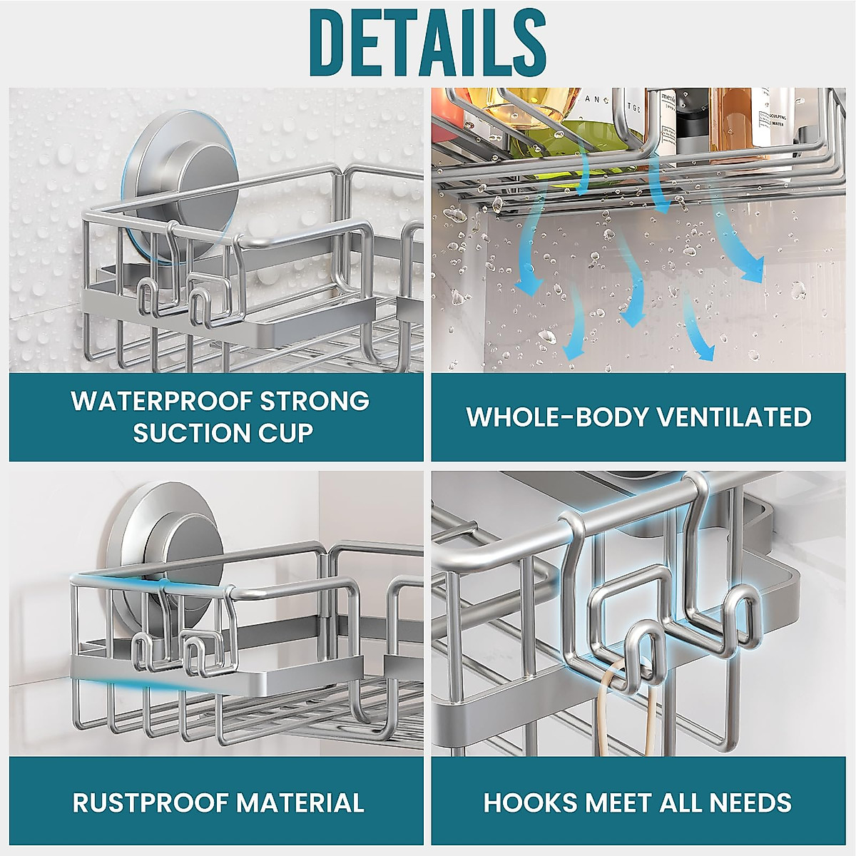 TAILI Heavy Duty Suction Cup Shower Caddy 2 Pack, Removable Rustproof Stainless Steel Shower Rack, Drill-Free Shower Shelf with Hooks, Wall Mounted Basket Organizer for Bathroom, Grey