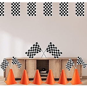 Traffic Cones and Racing Checkered Flags - (24 Pcs) 12 - Black and White Flags on Sticks and 12 – 7-Inch Mini Orange Sports Safety Cones for Kids - Race Car Theme Birthday Party Supplies