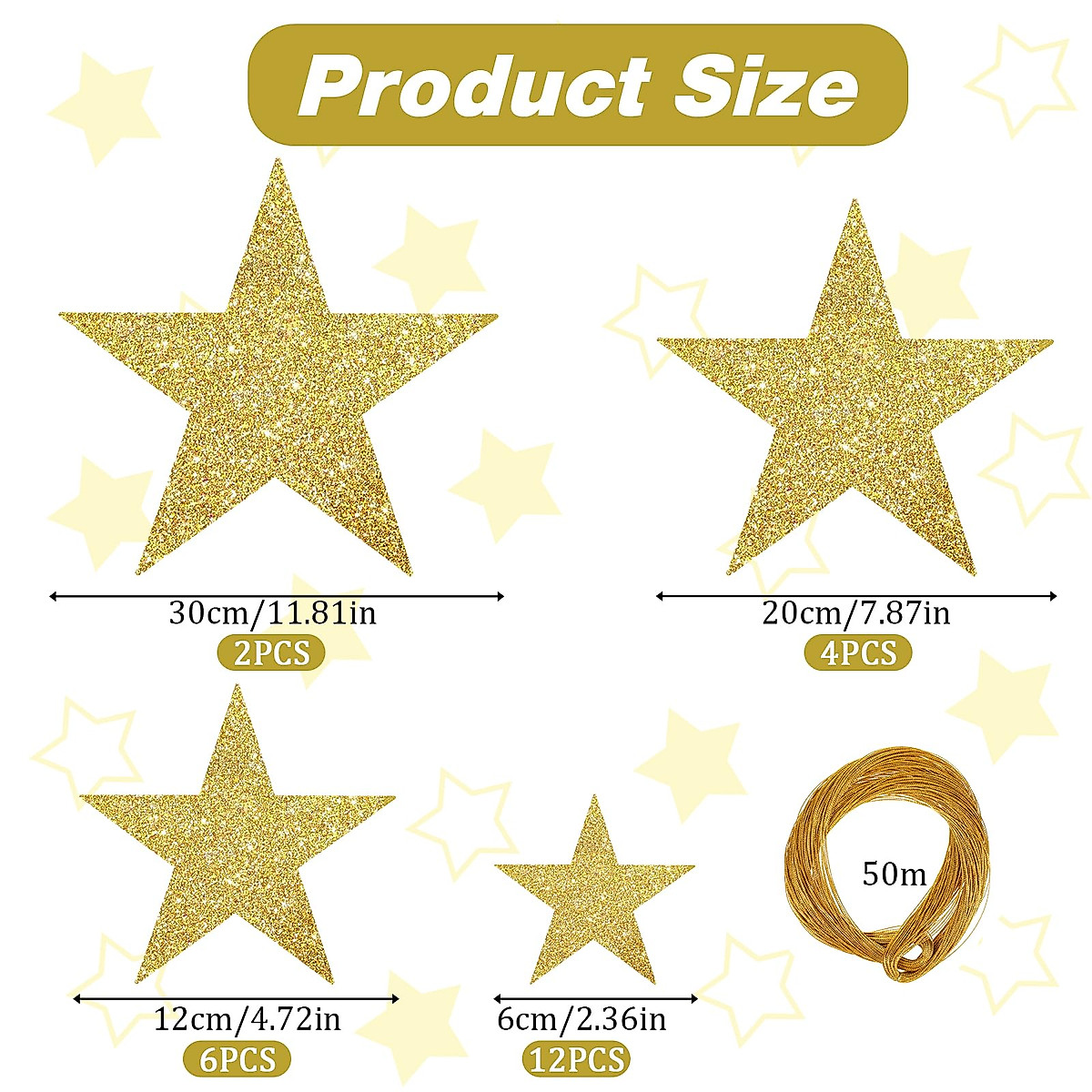 24pcs Gold Cardboard Stars Shining Cutouts Paper Stars Glitter Hanging Stars Decorations Confetti Cutouts Star Wall Decor 6/12/20/30cm & 50m Hanging Line for Valentine's Day Movie Night Party Decor
