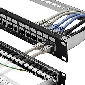 Rapink Patch Panel 24 Port Cat6A with Inline Keystone 10G Support, Coupler Patch Panel STP Shielded 19-Inch with Removable Back Bar, 1U Network Patch Panel for Cat7, Cat6, Cat6A, Cat5e