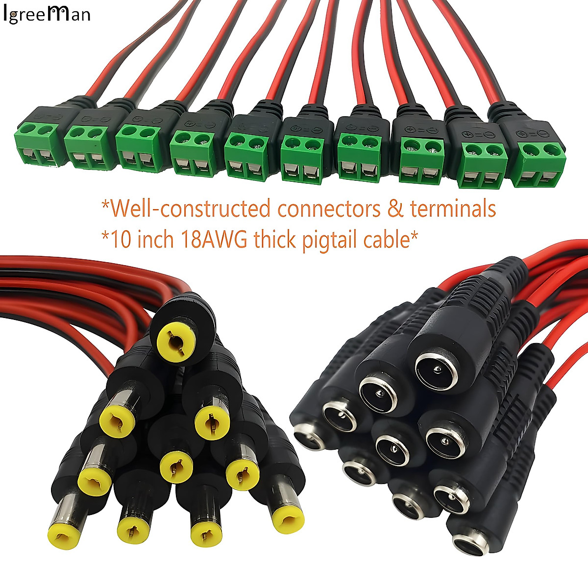 Igreeman 10 Pair Quick-Connect DC Power Pigtails - 18 AWG, 5A - Comes with Unique Terminal Jack Socket for Top-Notch Security Surveillance & Party Lighting - 2.1mm * 5.5mm Connectors