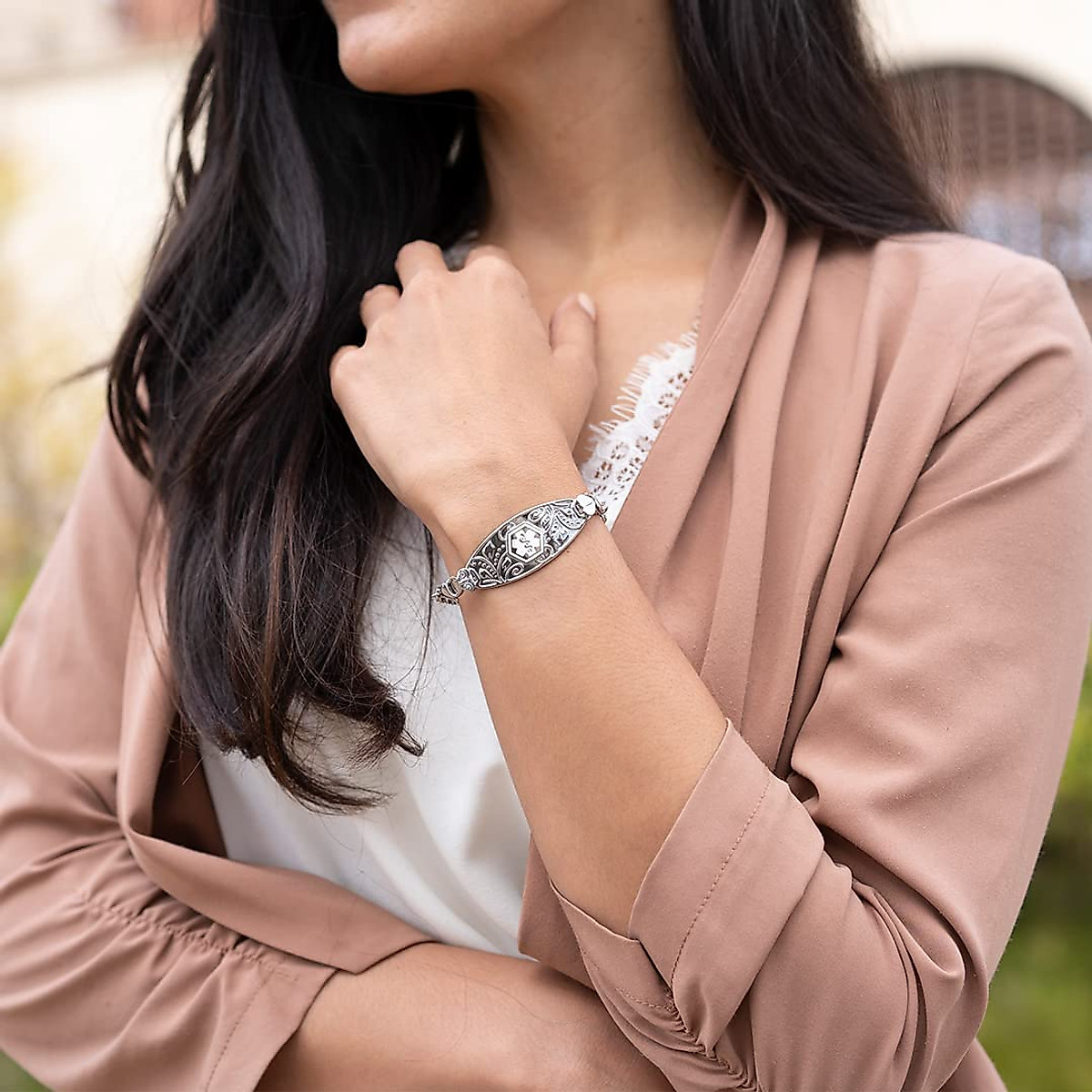 Divoti Custom Engraved Medical Alert Bracelets for Women, Stainless Steel Medical Bracelet, Medical ID Bracelet w/Free Engraving – Lovely Filigree Tag w/Tri-Strand-Light Green-6.0"