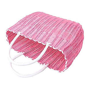 Housoutil Woven Grocery Bag, Plastic Market Basket Reusable Shopping Bag with Handle, Tote Bag Fruit and Vegetable Bags- Pink(About 35.00X24.00X14.00cm; 13.76X9.43X5.50in)