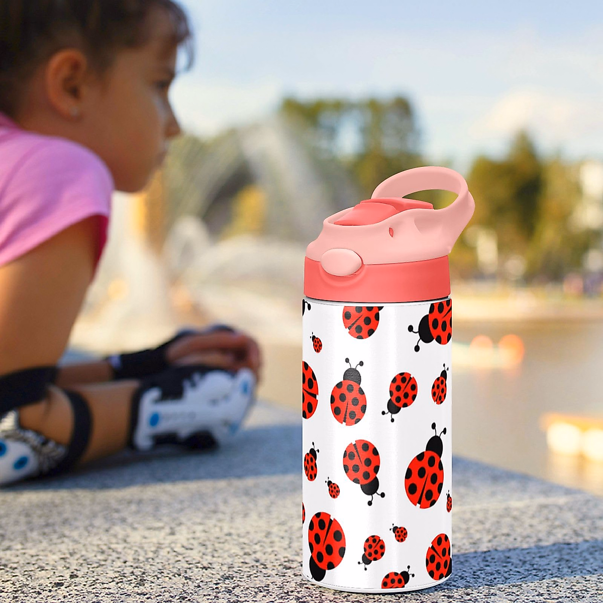 Kigai Ladybug Kids Water Bottle,Insulated Stainless Steel Reusable Metal Thermos Bottles, Leak-Proof Straw Lid, BPA-Free, For Boys,Girls
