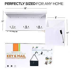 Mail & Key Organizer Wall Mount - With Key Hooks Mail Organizer Holder White Board and Photo Station. Organize and Sort Keys, Letters, and your Agenda with a Wood mounted hanging shelf (White)