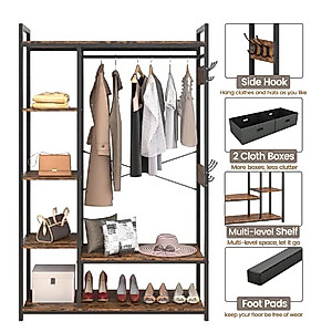 FreeStanding Closet Organizer, Industrial 1 Rod Garment Rack with 4-Tier Sttorage Shelf, Rustic Wardrobe Rack Clothes Rack with Shoe Shelves for Hanging Clothes and Storage (Rustic Brown)