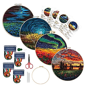 Maydear 4 Pack Embroidery Starter Kit with Pattern, Stamped Cross Stitch Kits for Beginners Adults with Embroidery Hoop and Instructions, Hand Embroidery Kit (Embroidery kit flower2)