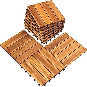 Solid Wood Interlocking Flooring Tiles (Pack of 10, 12" x 12"), Acacia Deck Tiles, Floor Tiles for Both Indoor and Outdoor Use, Waterproof All Weather (12 X 12, 4 Slat, Natural Color)