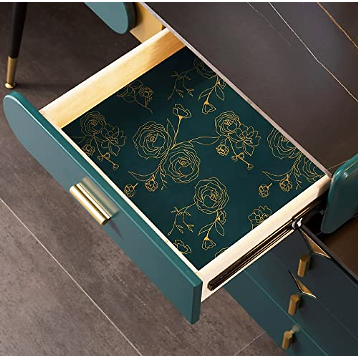 Safiyya Removable Wallpaper Floral Peel and Stick Wallpaper Gold and Teal Contact Paper for Cabinets Boho Wallpaper Contact Paper Peel and Stick Flower Contact Paper for Walls Vinyl Rolls 78.7"x17.3"