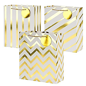 Swedin 12 Pcs Gold Gift Bags Bulk, Medium Size Gift Bags with Handles, Trendy Gift Wrap Totes with Chevron, Stripe Pattern for Birthdays, Party Favors, Holidays, Christmas-10" x 8.3" x 4"